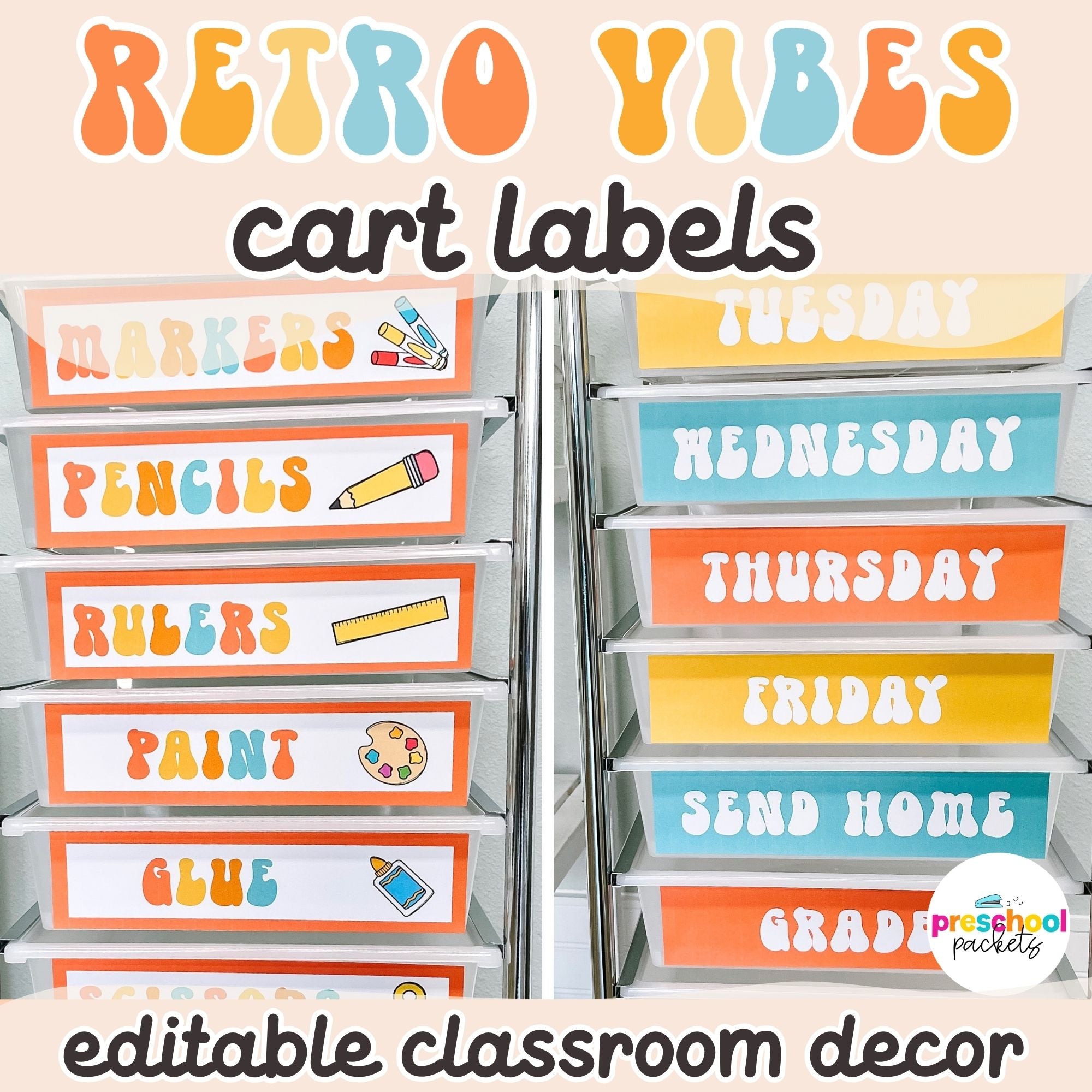 10 Drawer Cart Labels Editable Retro Theme Classroom Decor – Preschool ...